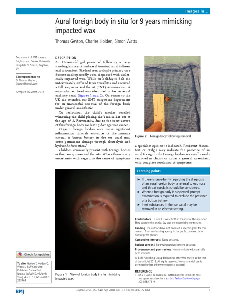 Aural Foreign Body in Situ For | PDF | Medicine | Medical Specialties