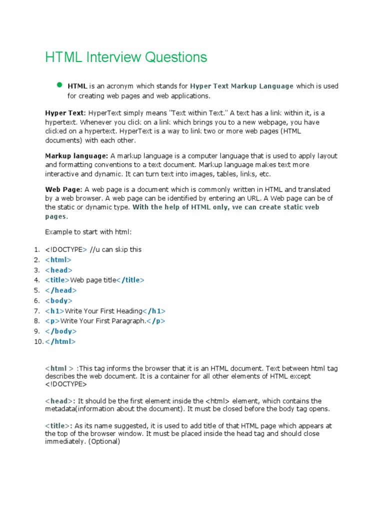 HTML Interview Questions: HTML Is An Acronym Which Stands For | PDF ...