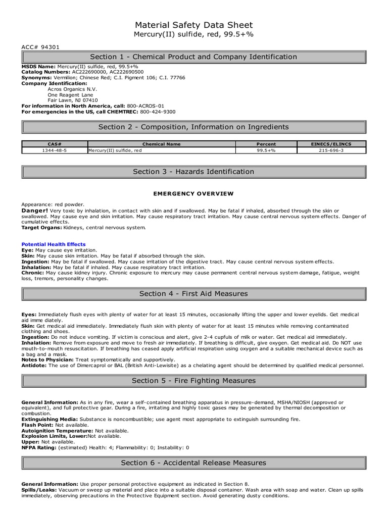 MSDS | PDF | Mercury (Element) | Personal Protective Equipment