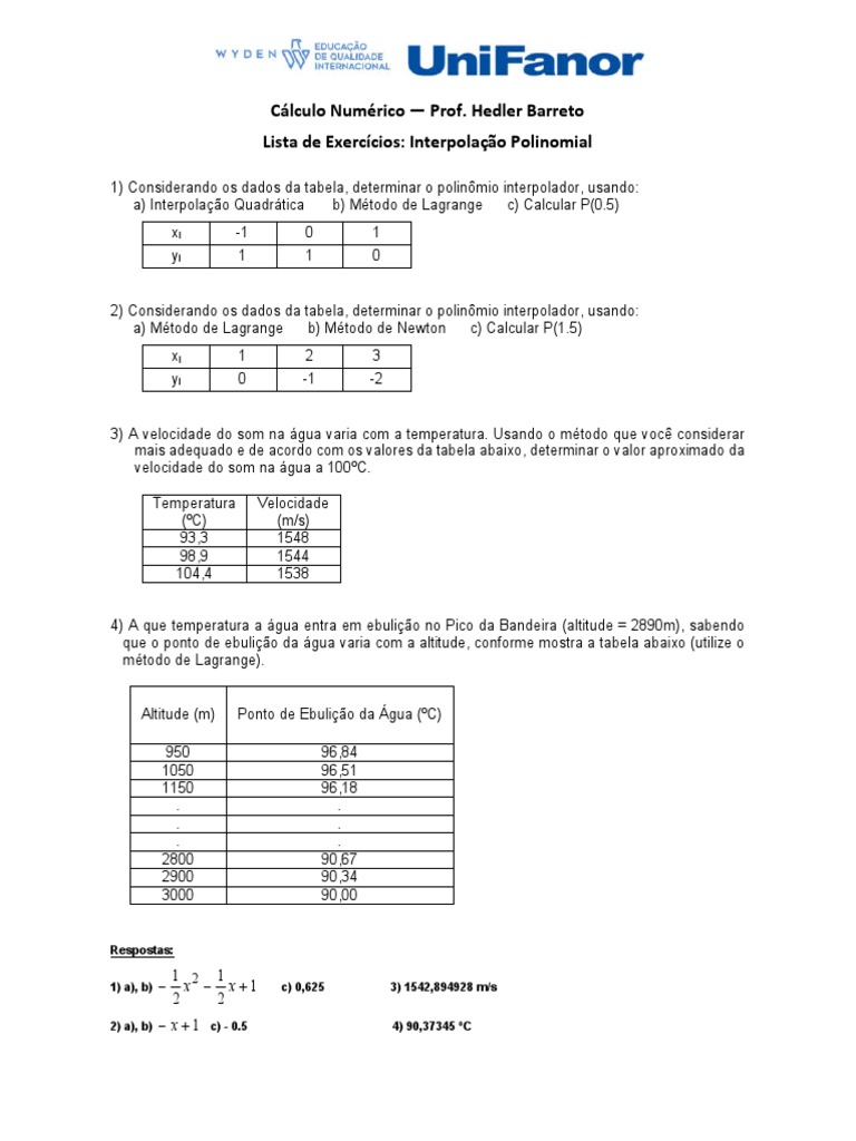 Lista de Exercícios Interpolação | PDF