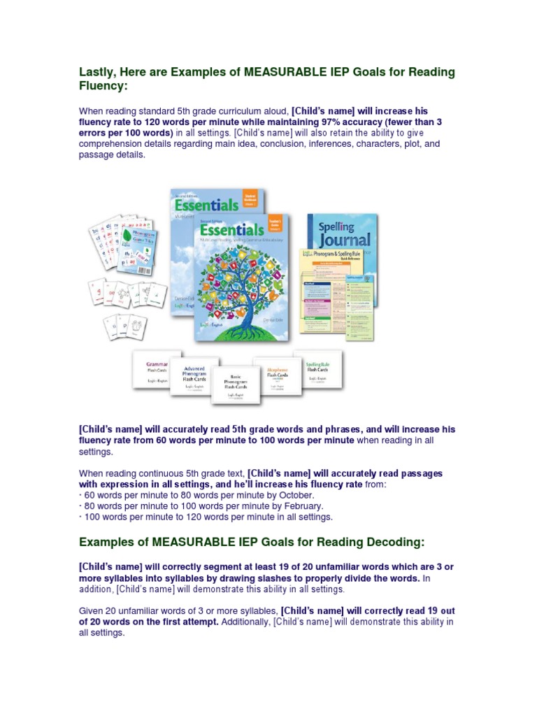 Lastly, Here Are Examples of MEASURABLE IEP Goals For Reading Fluency ...