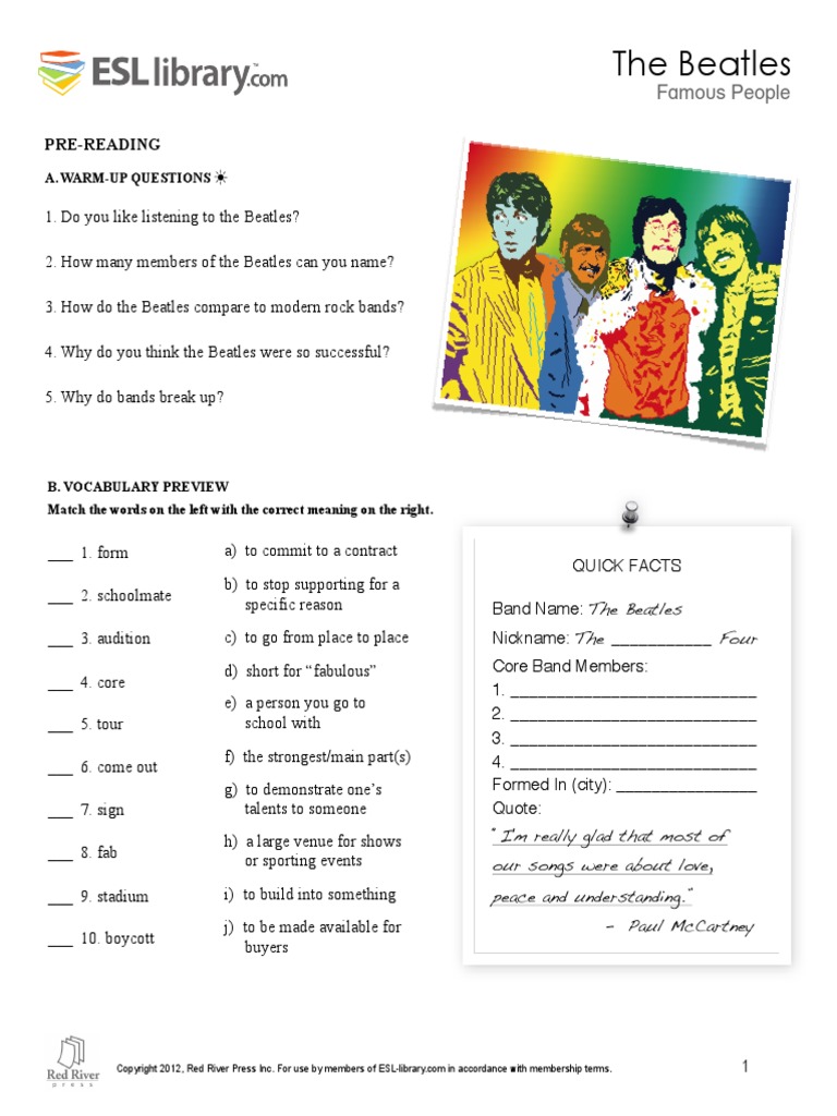 The Beatles Reading Comprehension. (Excellent) PDF | PDF | The Beatles ...