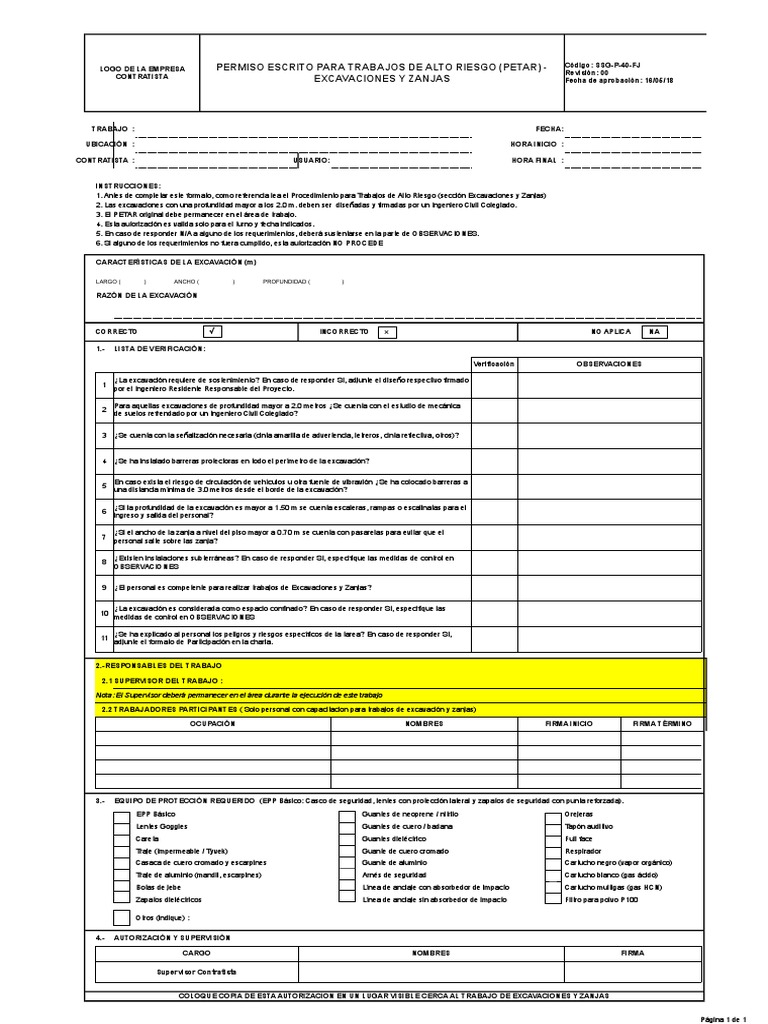 Permiso Escrito para Trabajos de Alto Riesgo (Petar) - Excavaciones y Zanjas | PDF | Science ...