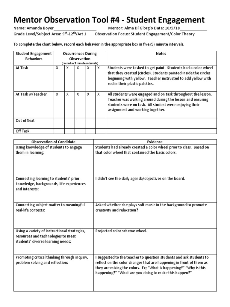Mentor Observation Amanda Boyer | PDF | Mentorship | Teachers