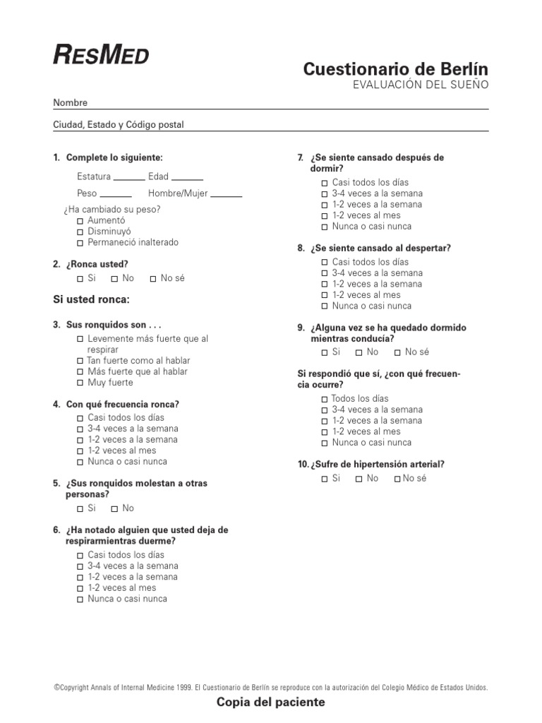 Cuestionario de Berlin - Evaluación Del Sueño PDF | PDF