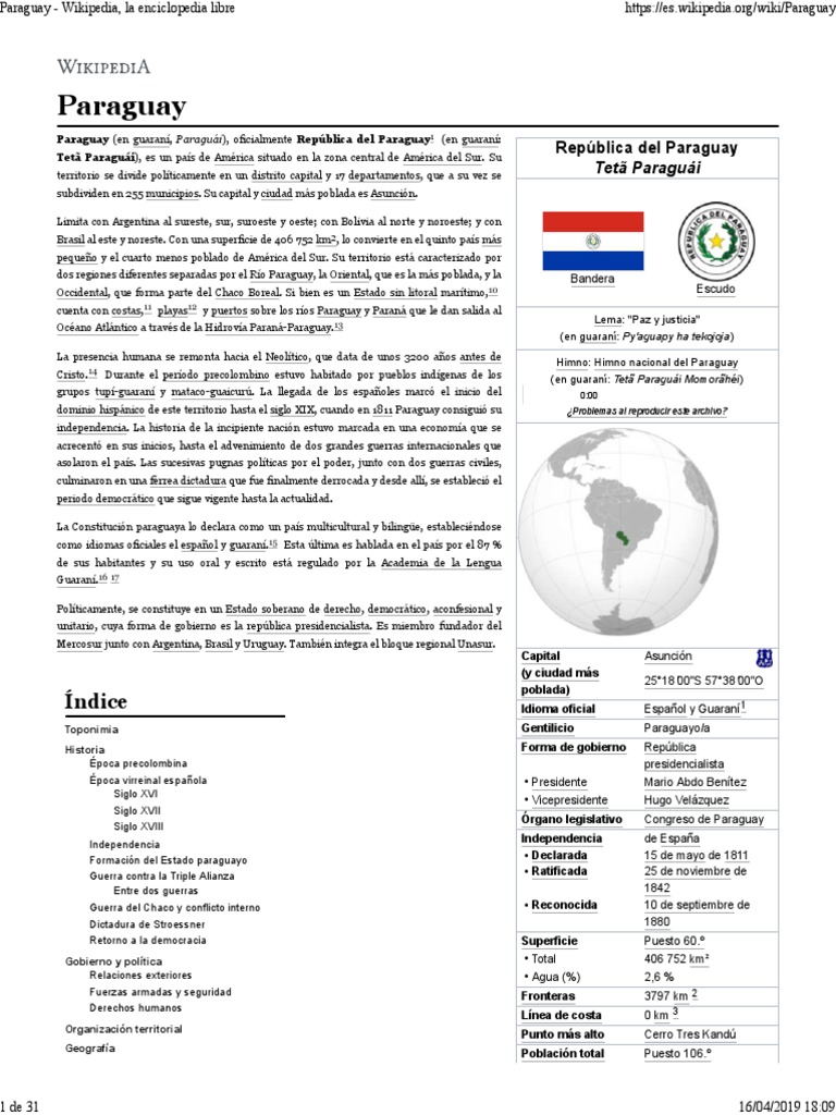 Paraguay - Wikipedia, La Enciclopedia Libre | PDF | Paraguay | Elecciones