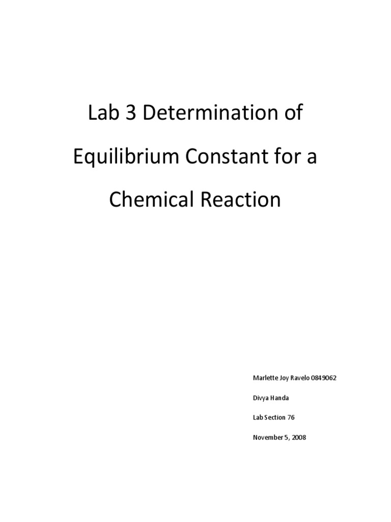 Lab 3 Determination of Equilibrium Constant For A Chemical Reaction ...