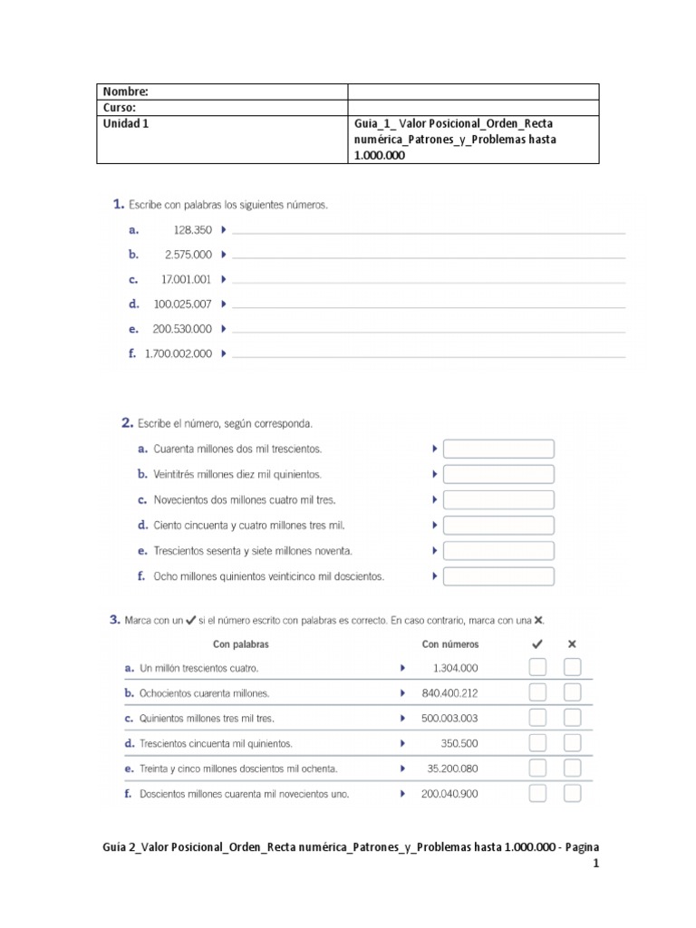 Guia 1 Valor Posicional Orden y Comparacion Hasta 1.000.000 | PDF ...