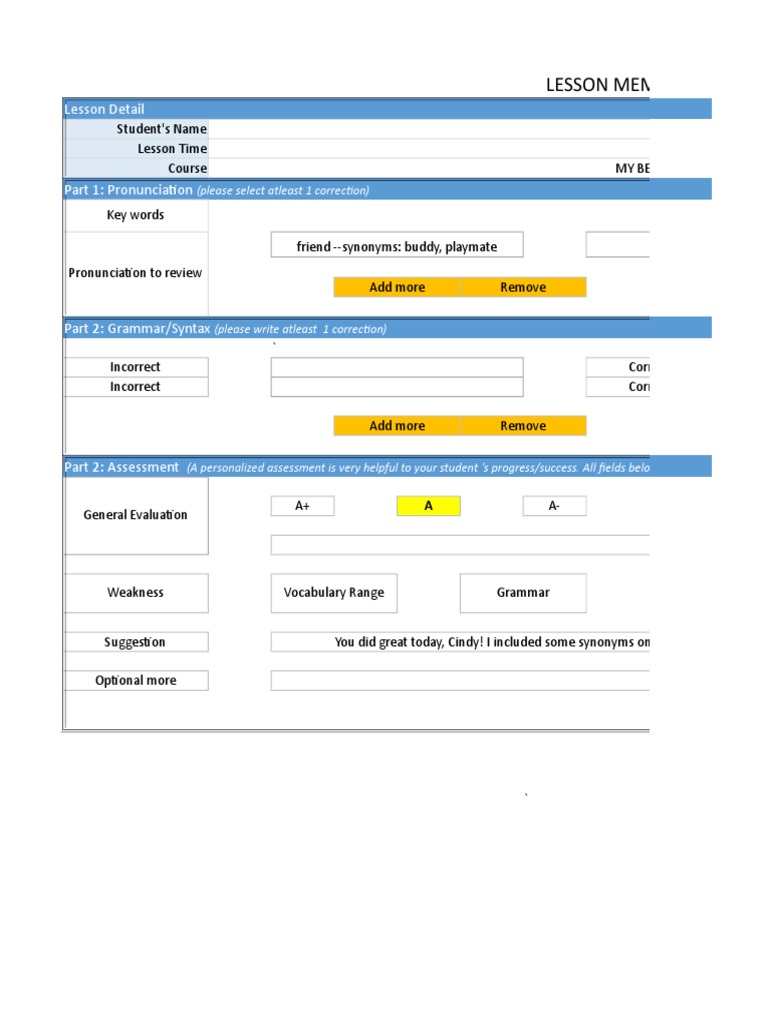Cindy's Lesson Memo: Pronunciation & Grammar | PDF