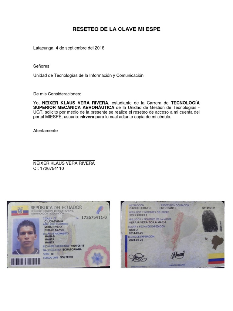 Formato para Reseteo de La Clave Mi Espe | PDF