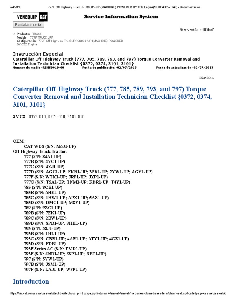 Check List Instalar o Remover Convertidor Camiones 777F PDF | PDF | Transmission (Mechanics) | Pump