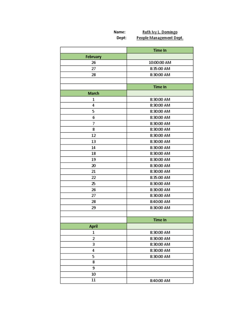 Name: Dept: Time in February | PDF