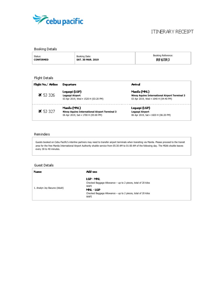 Bacuno Flight Itinerary Details | PDF