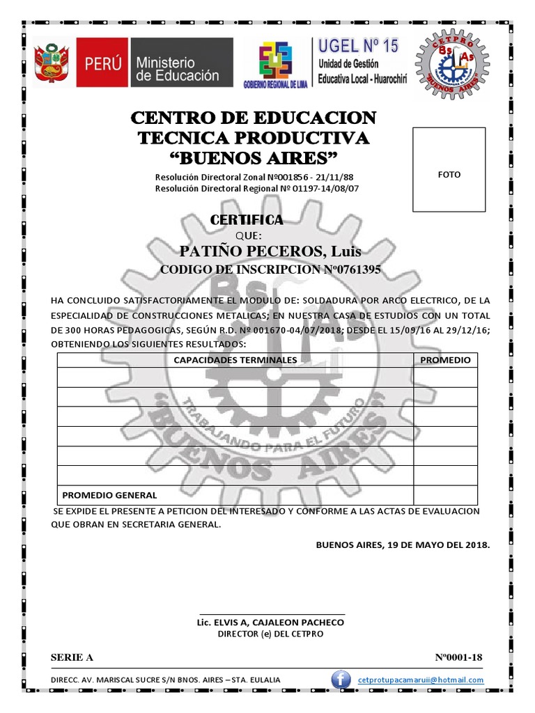 Certificado Cetpro 2019 | Ingeniería de Edificación | Science