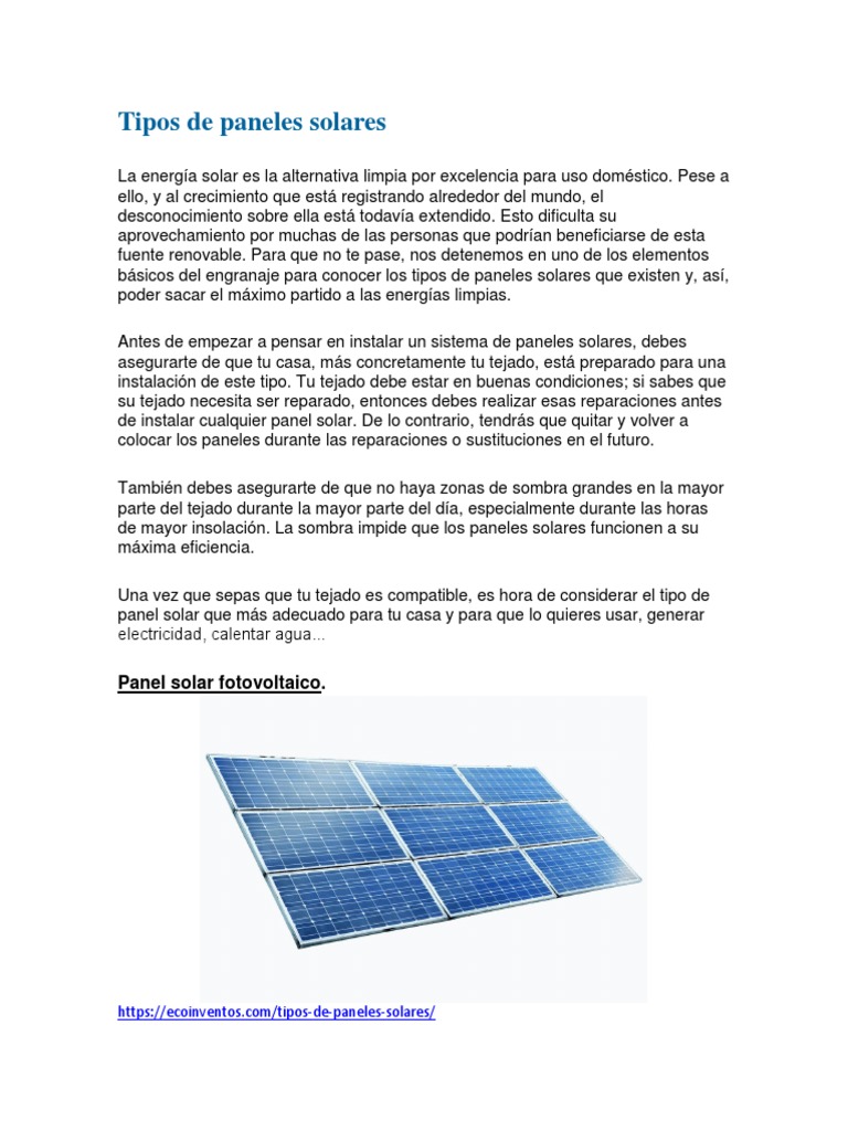 Tipos de Paneles Solares | PDF | Energía solar | Panel solar