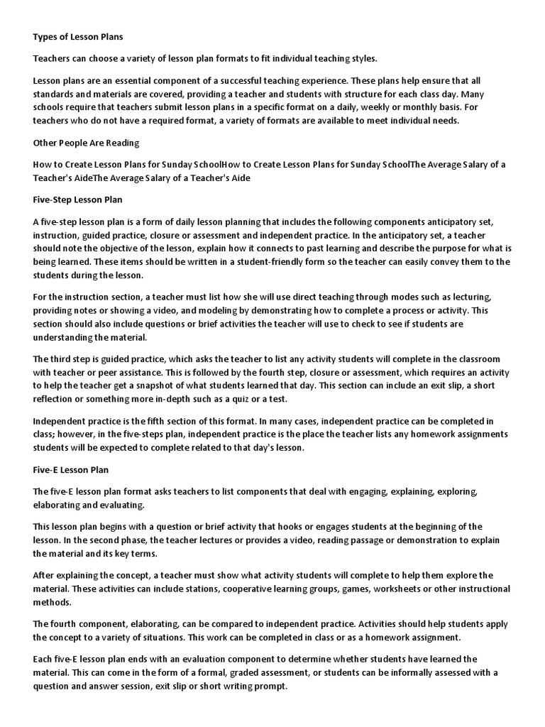 Types of Lesson Plans | PDF | Lesson Plan | Inquiry Based Learning