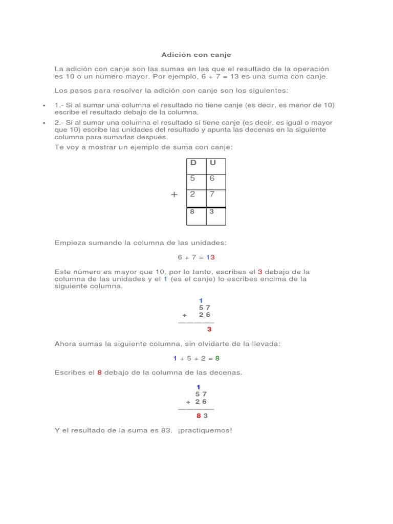 Suma Con Canje | Sustracción | Aritmética