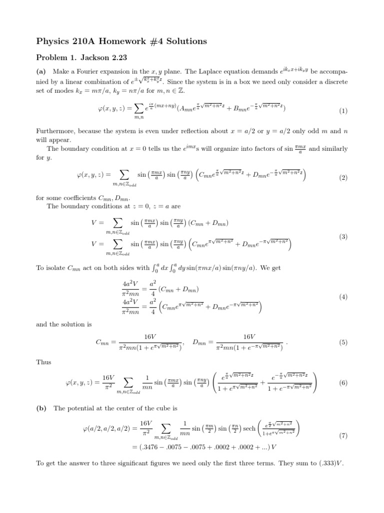 Physics 210A Homework #4 Solutions: Problem 1. Jackson 2.23 | PDF | Sine | Functions And Mappings