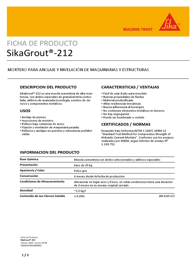 SikaGrout 212 PDF | PDF | Hormigón | Agua