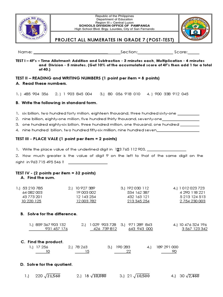 Project AN Grade 7 POST TEST 2018 2019 1 PDF | PDF | Teaching Mathematics