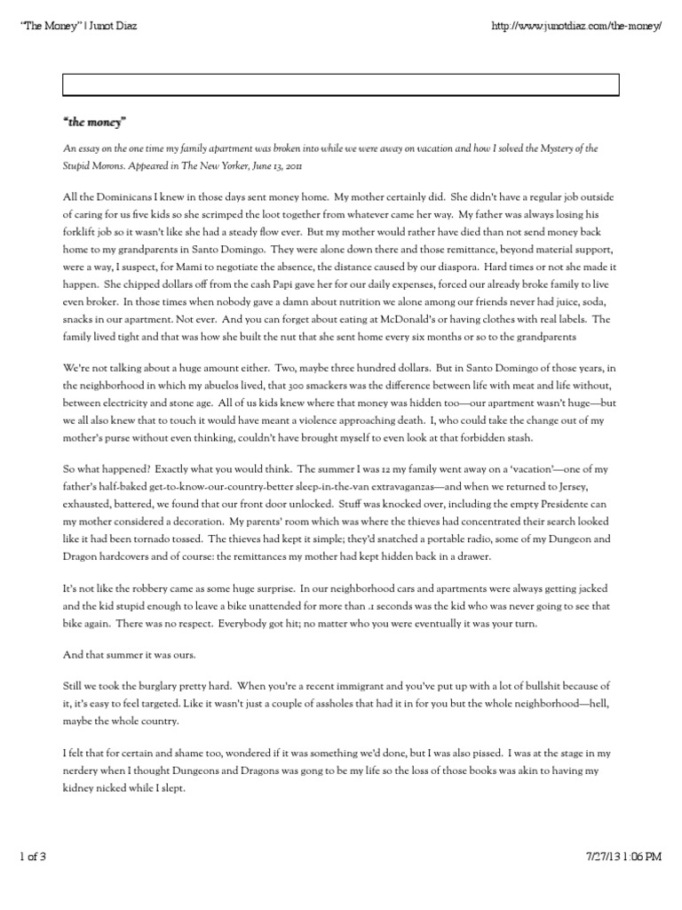 "The Money" by Junot Diaz PDF | PDF | Mystery, Thriller & Crime Fiction