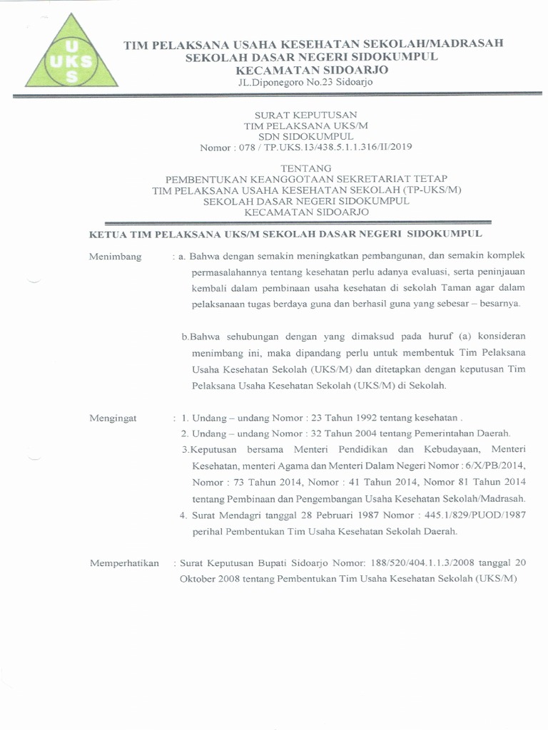 Contoh SK UKS Beserta Kelengkapan Yang Harus Ada Di Ruang UKS PDF | PDF