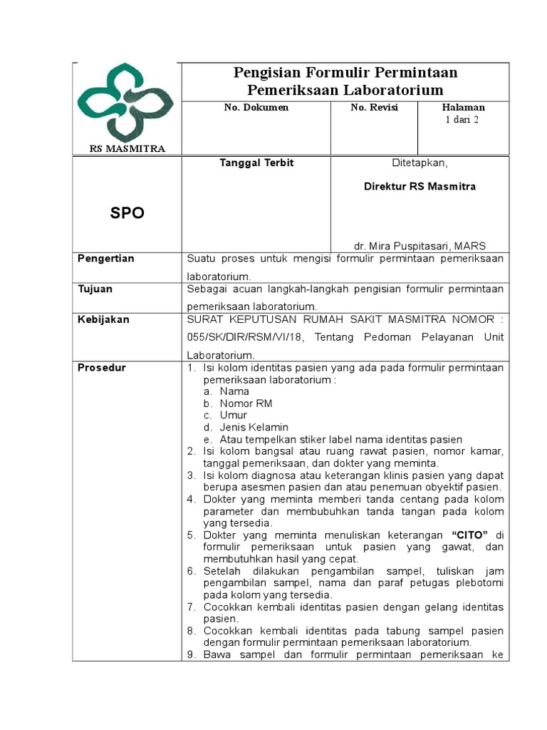 1 SPO Pengisian Form Pemeriksaan Lab | PDF | Sains & Matematika