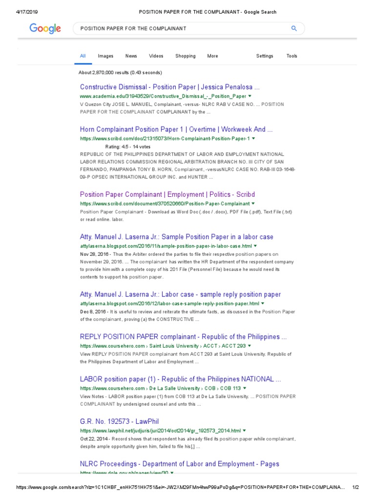 POSITION PAPER FOR THE COMPLAINANT - Google Search PDF | PDF ...