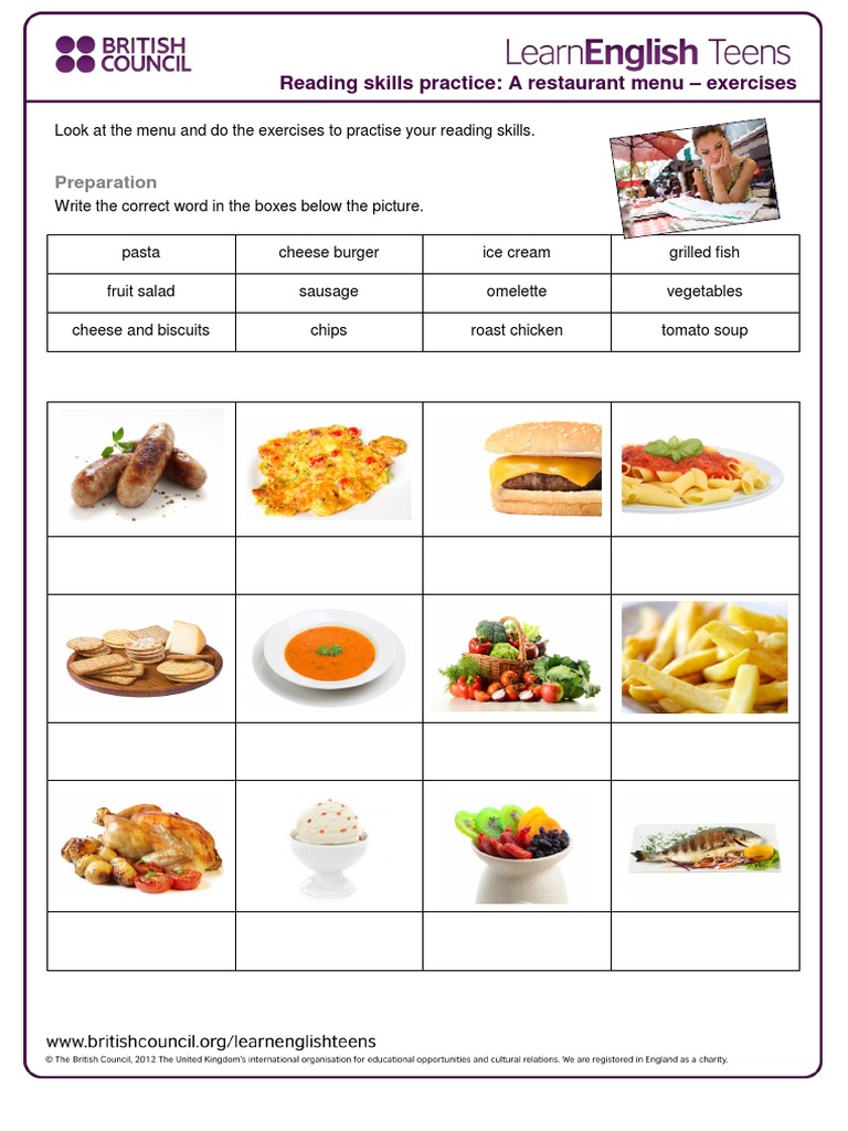 Reading Skills Practice: A Restaurant Menu - Exercises: Preparation ...