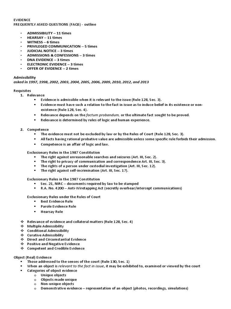 Evidence Admissibility FAQs Guide | PDF | Relevance (Law) | Witness