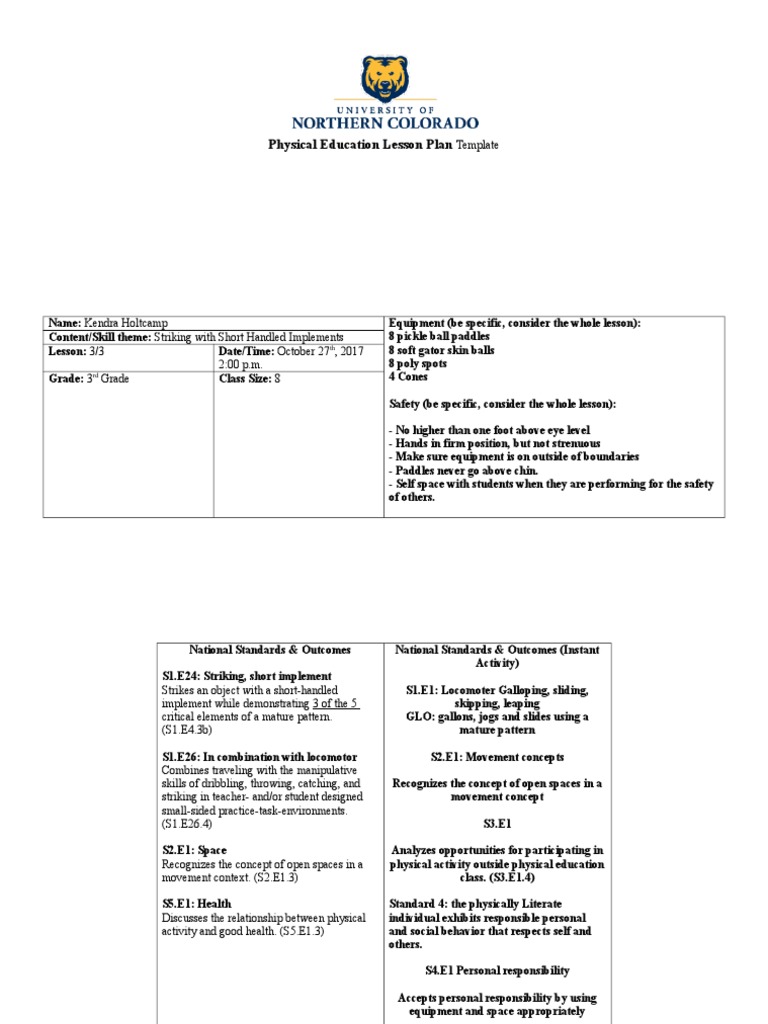 Ses 340 - Week 4 Lesson Plan Striking With A Short Handled Implement ...