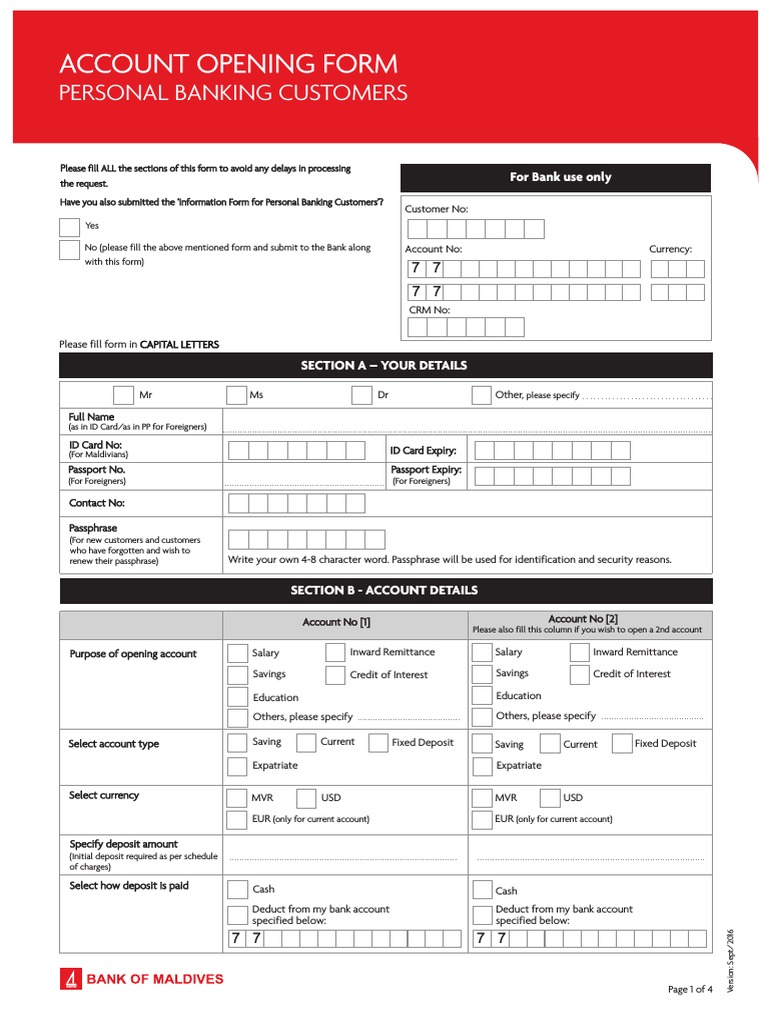 Personal Bank Account Opening Form | PDF | Debit Card | Deposit Account