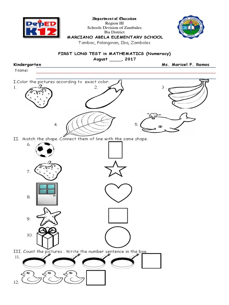 Kindergarten Math Test Title | PDF