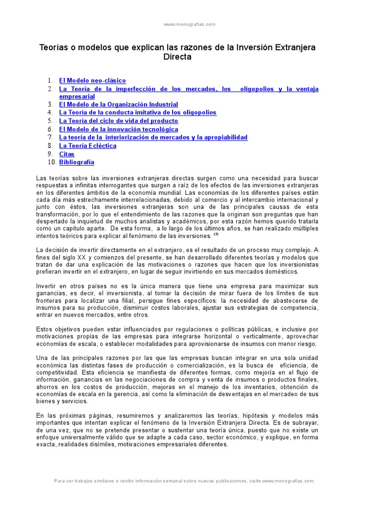 Teorias Inversion Extranjera Directa | PDF | Oligopolio | Beneficio (economía)