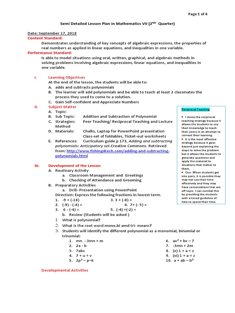 Semi - Detailed - Lesson - Plan - in - Addition of Polynomials | PDF | Polynomial | Equations
