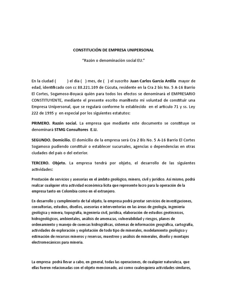 Modelo de Estatutos Empresa Unipersonal | PDF | Sociedad de responsabilidad limitada | Gobierno