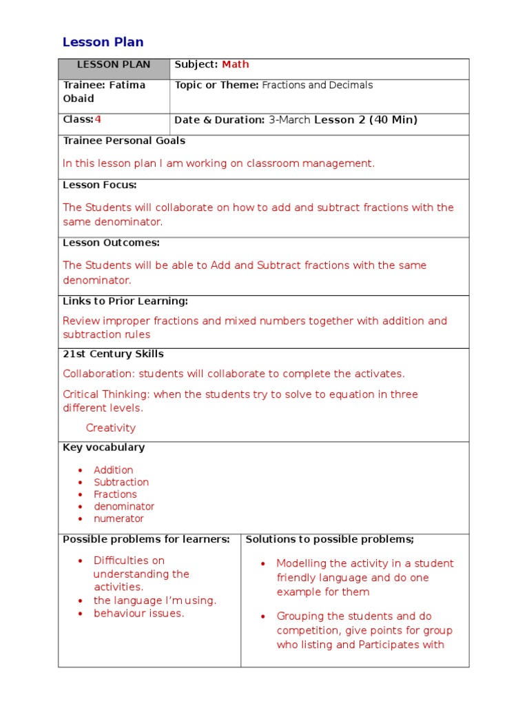 Math Grade 4 Lesson Plan 1 | PDF | Fraction (Mathematics) | Lesson Plan