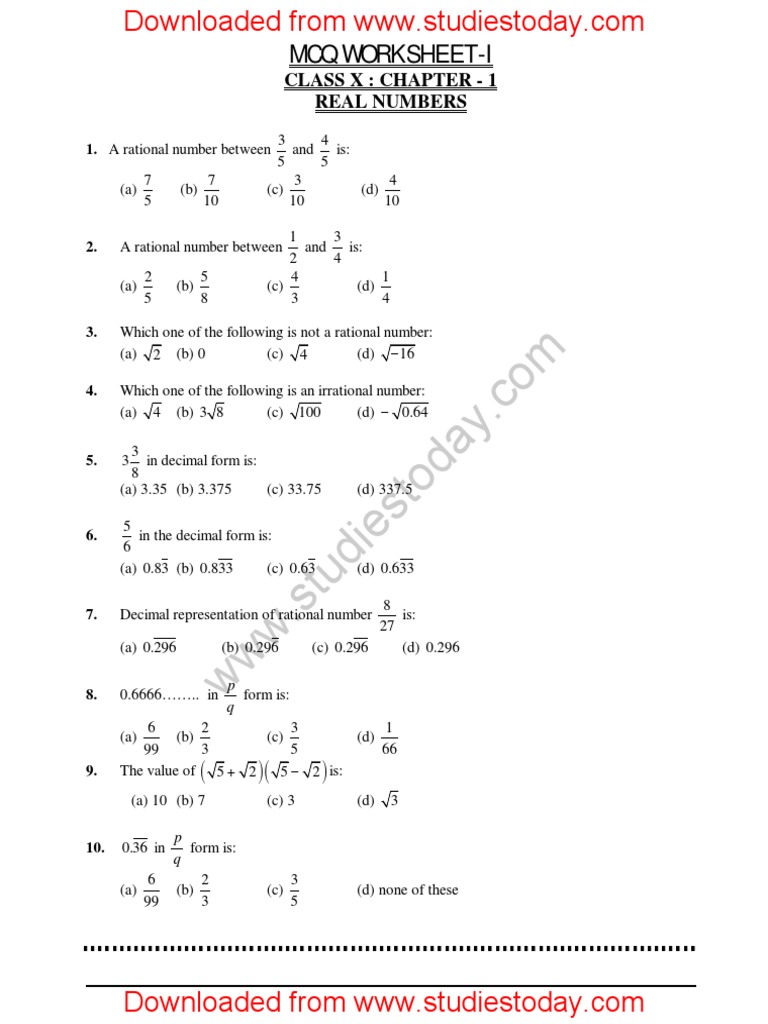 CBSE Class 10 Real Numbers MCQs Set A PDF | PDF | Numbers | Lexicology