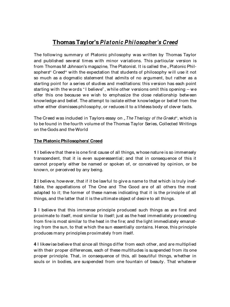 Thomas Taylor - S Platonic Philosopher - S Creed PDF | PDF | Platonism ...