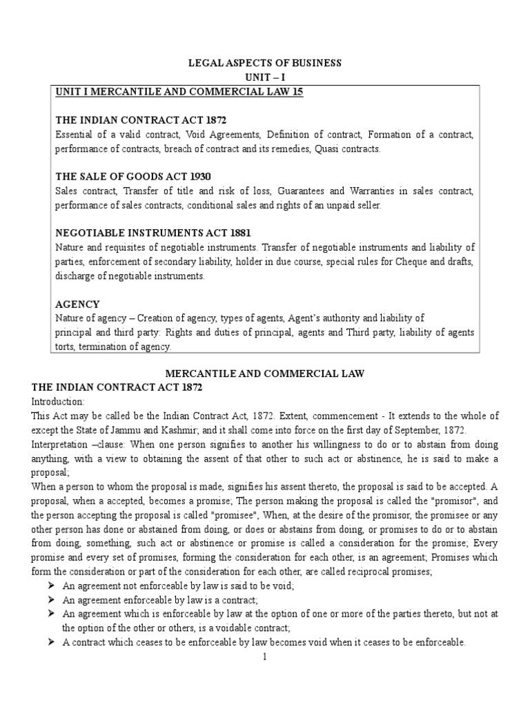 MBA Legal Aspect of Business Full Notes | PDF | Offer And Acceptance ...