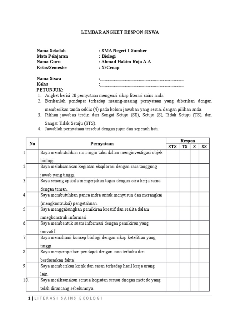Lembar Angket Respon Siswa | PDF