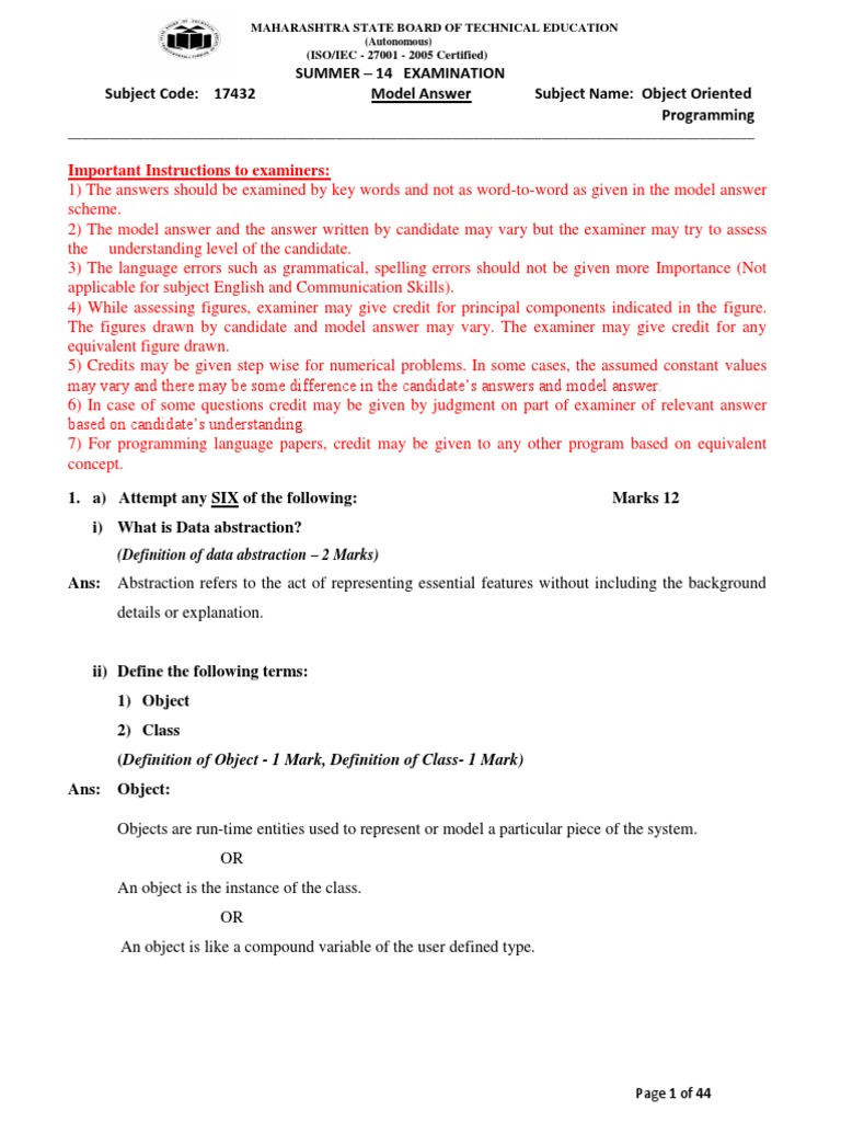 2014 Summer Model Answer Paper Pdf Object Oriented Programming Class Computer Programming