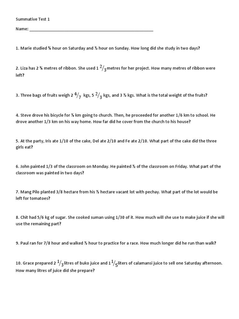 Summative Test 1 Math | PDF | Foods | Nature