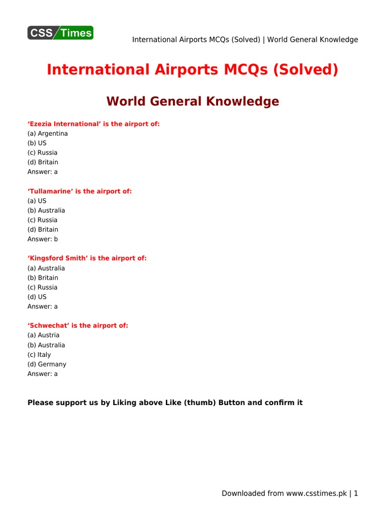International Airports MCQs (Solved) - World General Knowledge | PDF ...