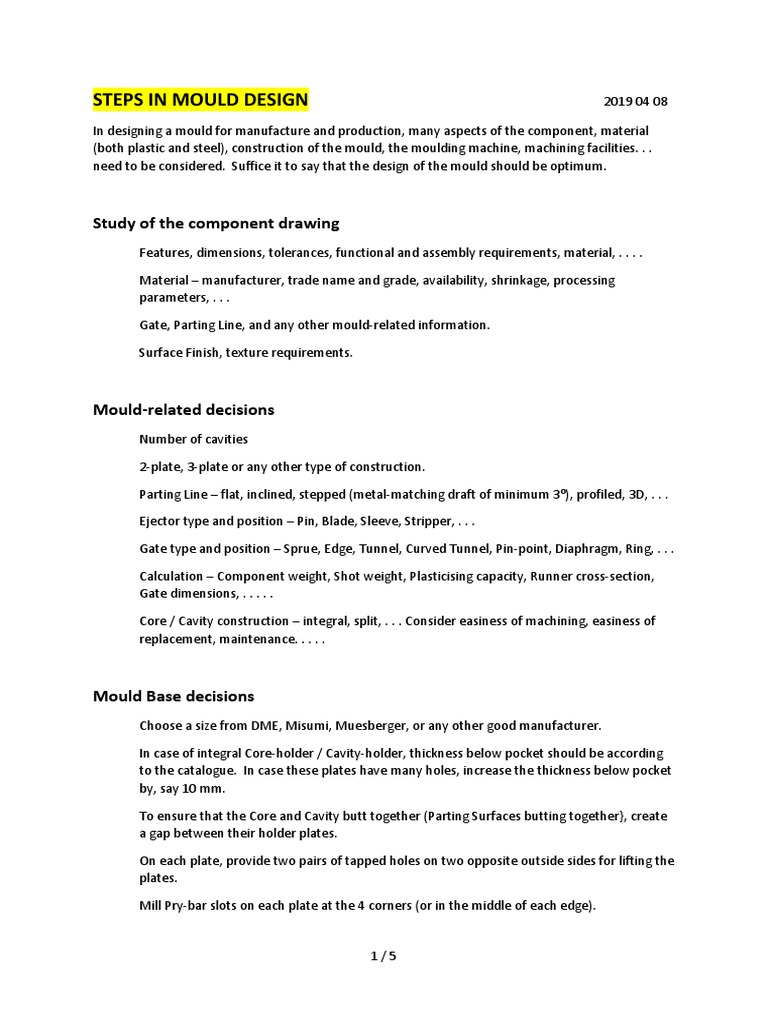 Steps in Mould Design: Study of The Component Drawing | PDF | Building ...