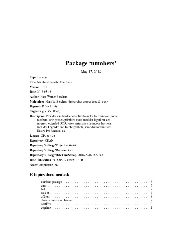 Package Numbers': R Topics Documented | PDF | Prime Number | Matrix (Mathematics)
