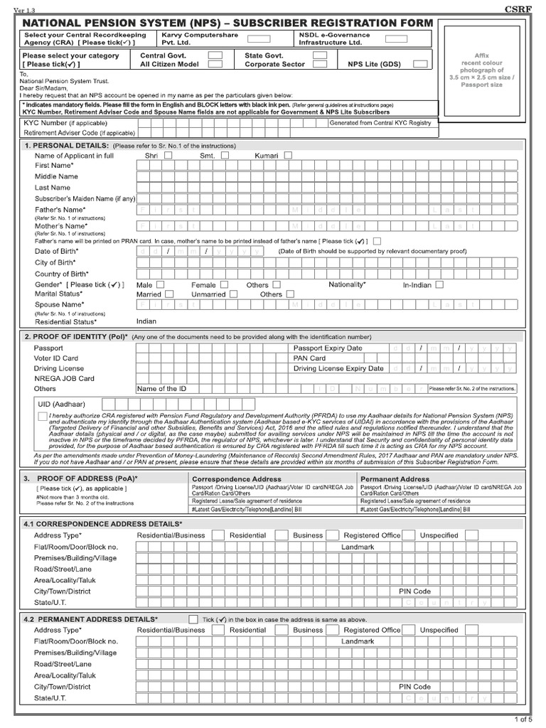 NPS Registation Form - V1.3 | PDF | Asset Allocation | Pension