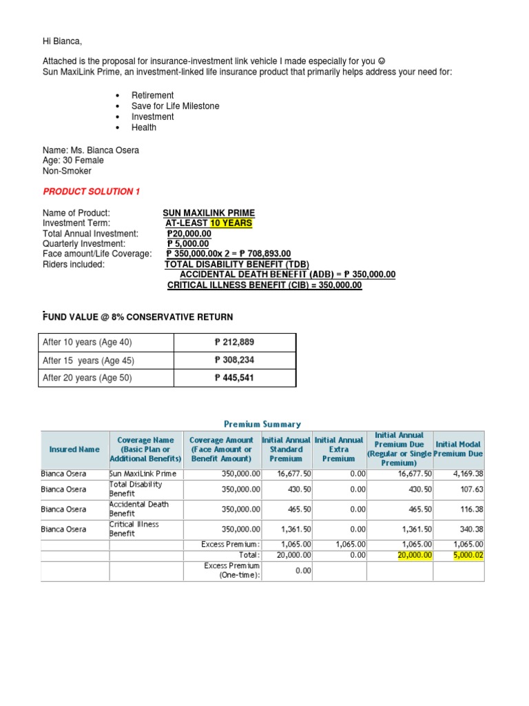 Sunlife Proposal Bianca Osera | PDF | Life Insurance | Insurance