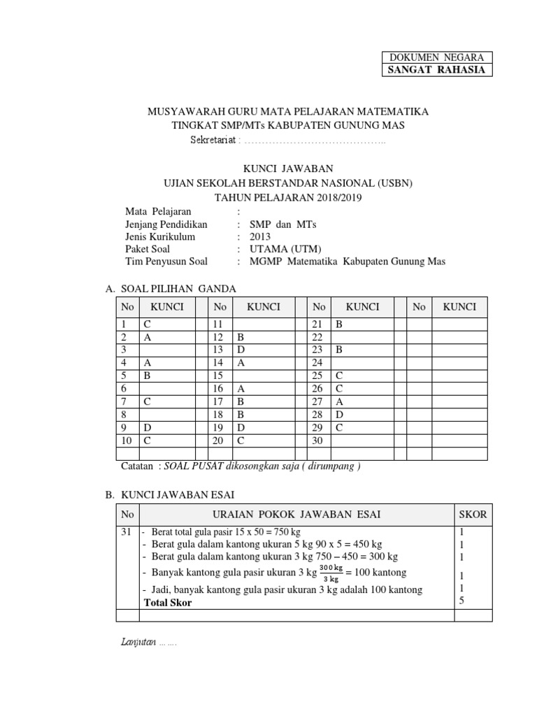 Kunci Jawaban Soal Utama Usbn MGMP Matematika k2013 | PDF