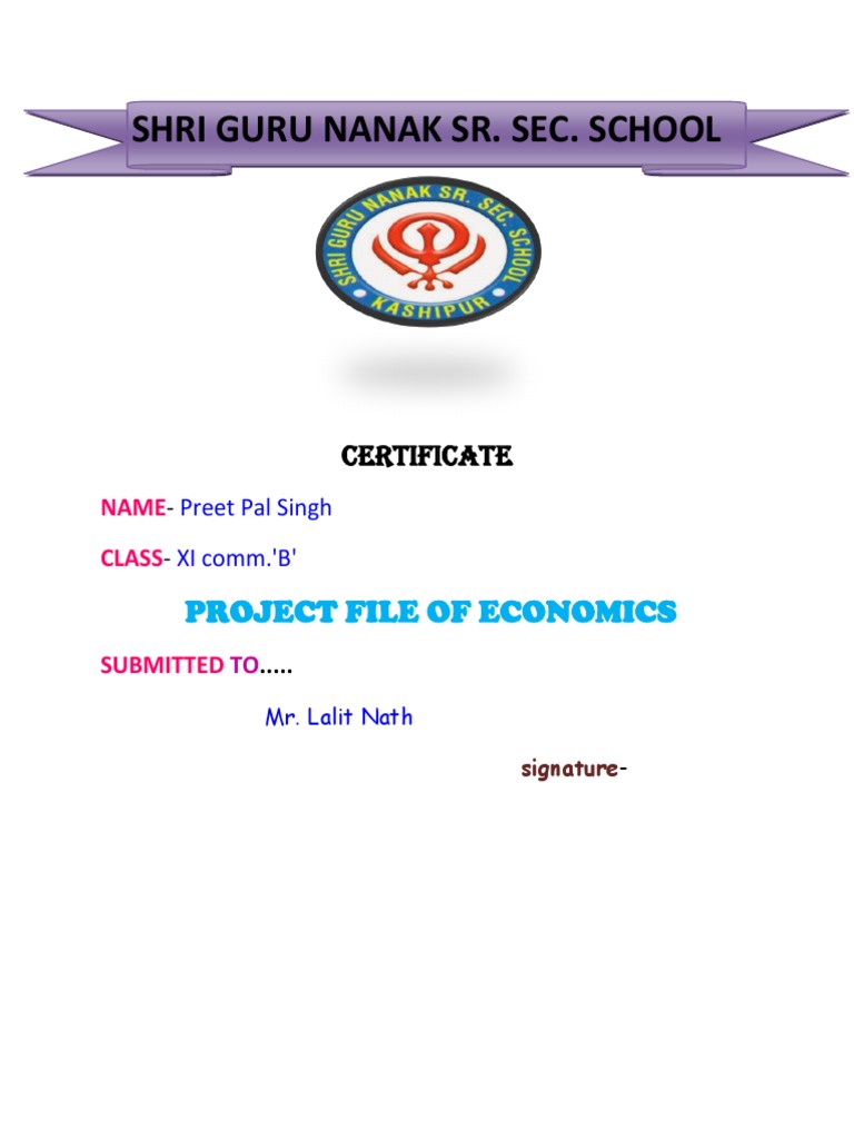 Shri Guru Nanak Sr. Sec. School: Project File of Economics | PDF